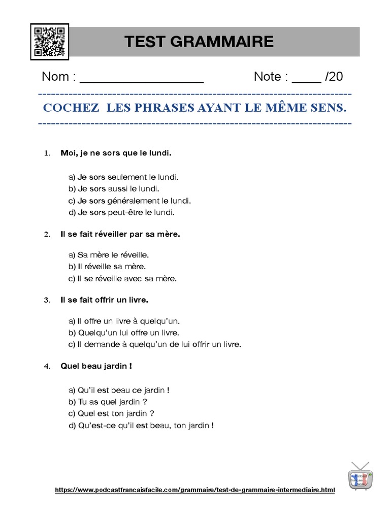 Test Grammaire Fle A2 b1 | PDF