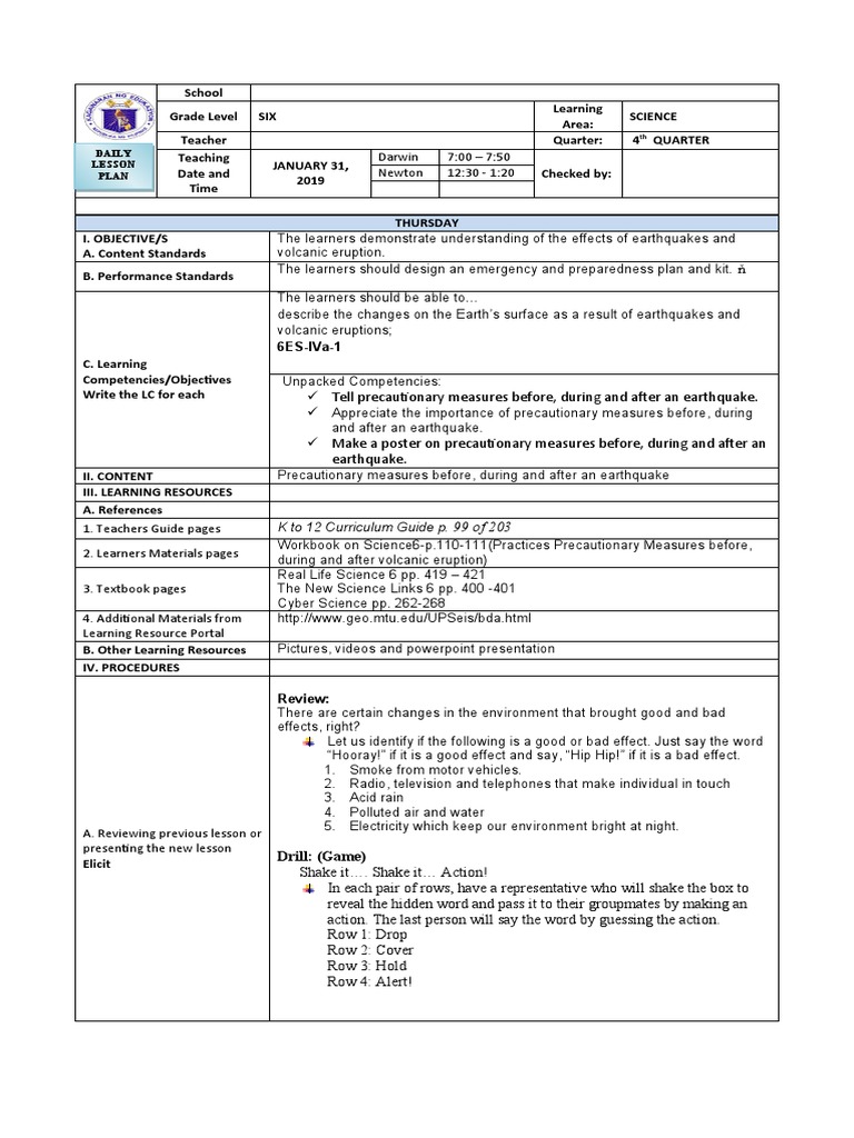 6ES Lesson Plan: Earthquake Preparedness | PDF | Learning | Earthquakes