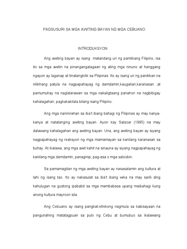 Pagsusuri Sa Mga Awiting Bayan NG Mga Cebuano | PDF