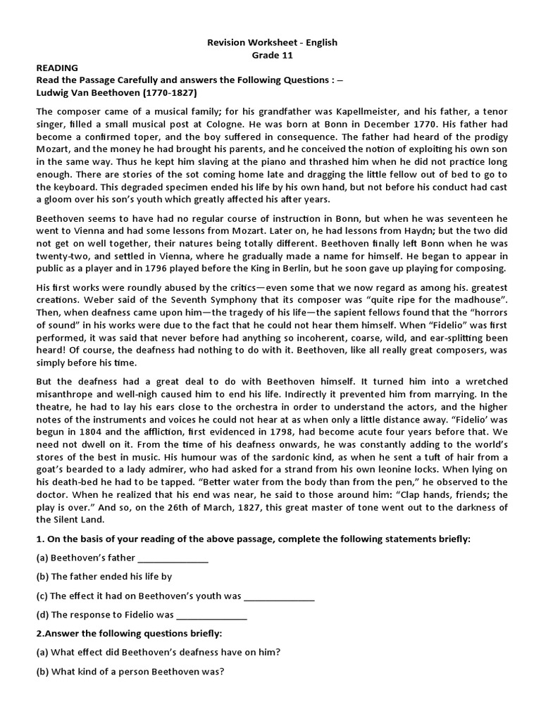 English Revision Worksheet - Grade 11 | PDF | Wolfgang Amadeus Mozart ...