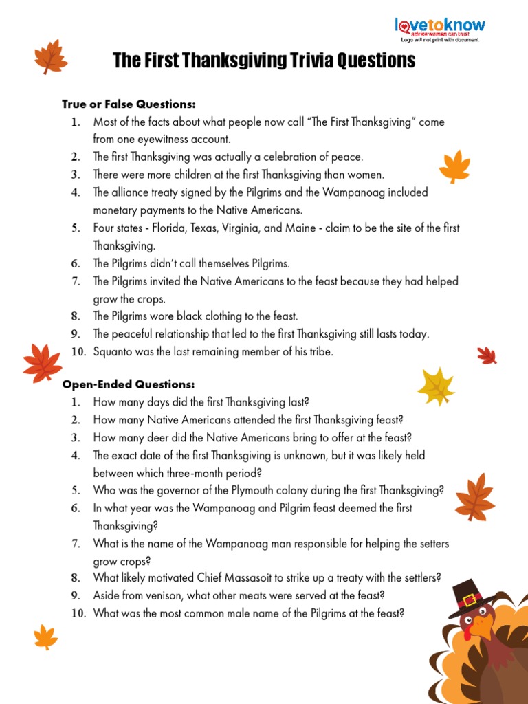 First Thanksgiving Trivia Questions & Answers | PDF | Thanksgiving ...
