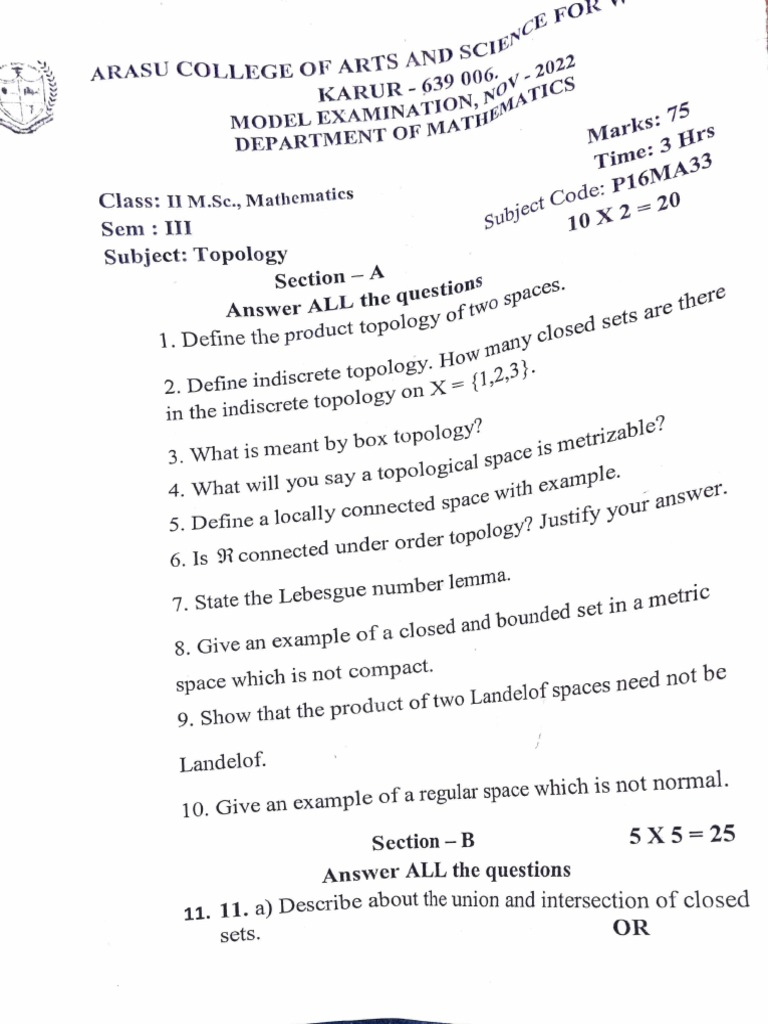 Topology Model Question Paper | PDF | Continuous Function | Compact Space