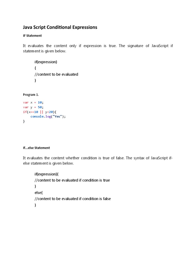 Java Script Conditional Expressions Pdf Control Flow Java Script 
