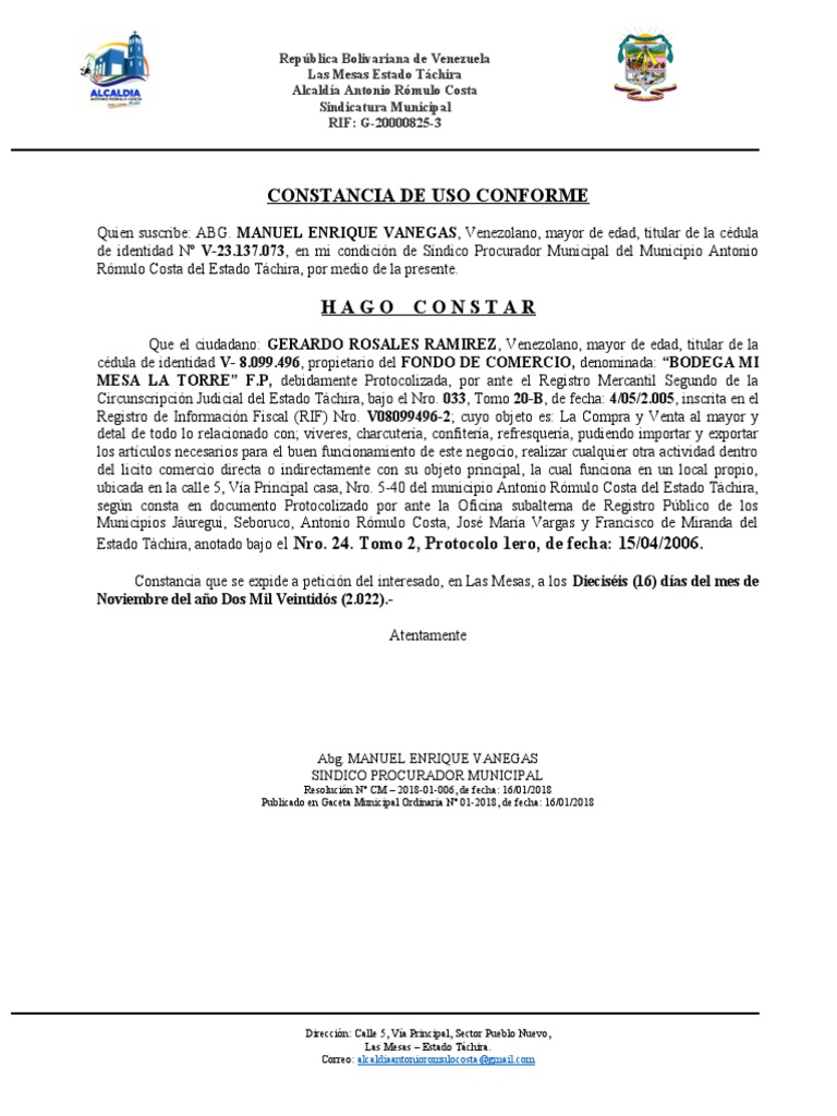 Const. Uso Conforme Alcaldia 2022 | PDF | Venezuela | Alimentos