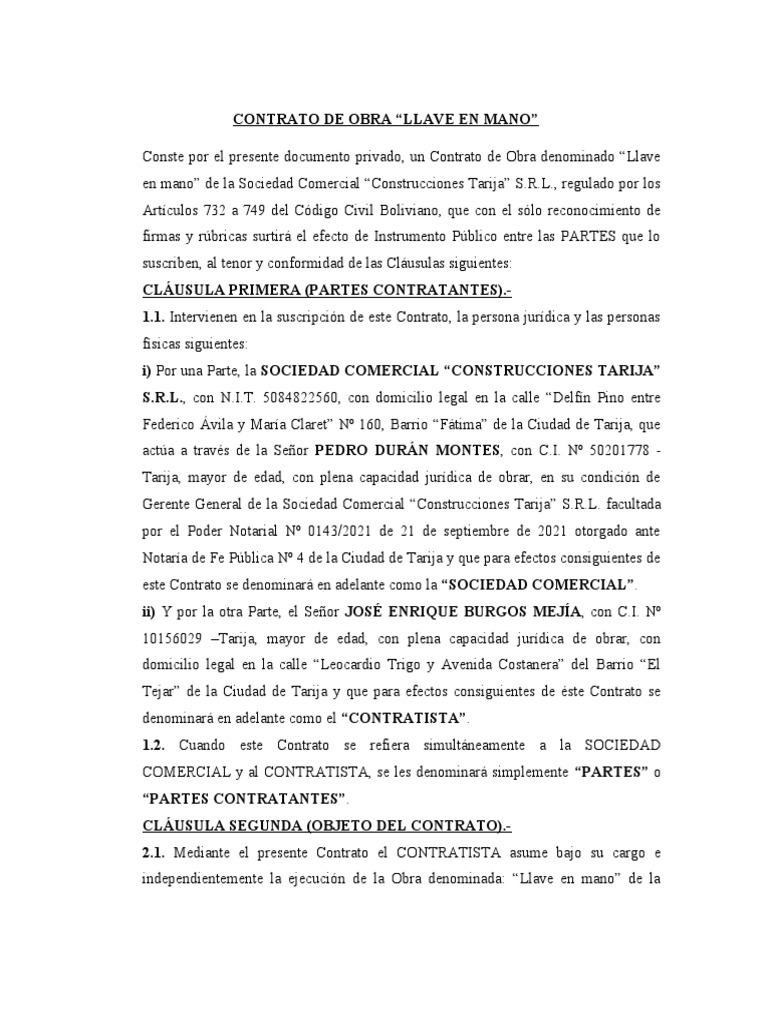 CONTRATO DE OBRA Llave en Mano | PDF | Ley de obligaciones | Ley común