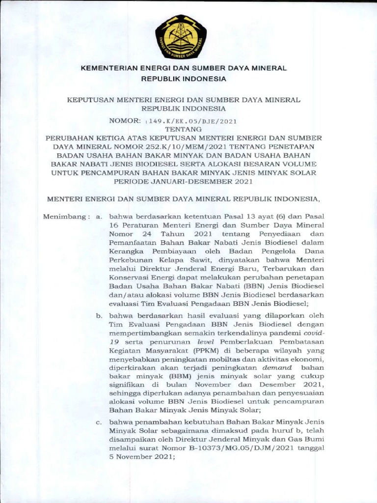 Kepmen ESDM No 149.K Tahun 2021 Terkait Perubahan Ketiga Atas Penetapan ...