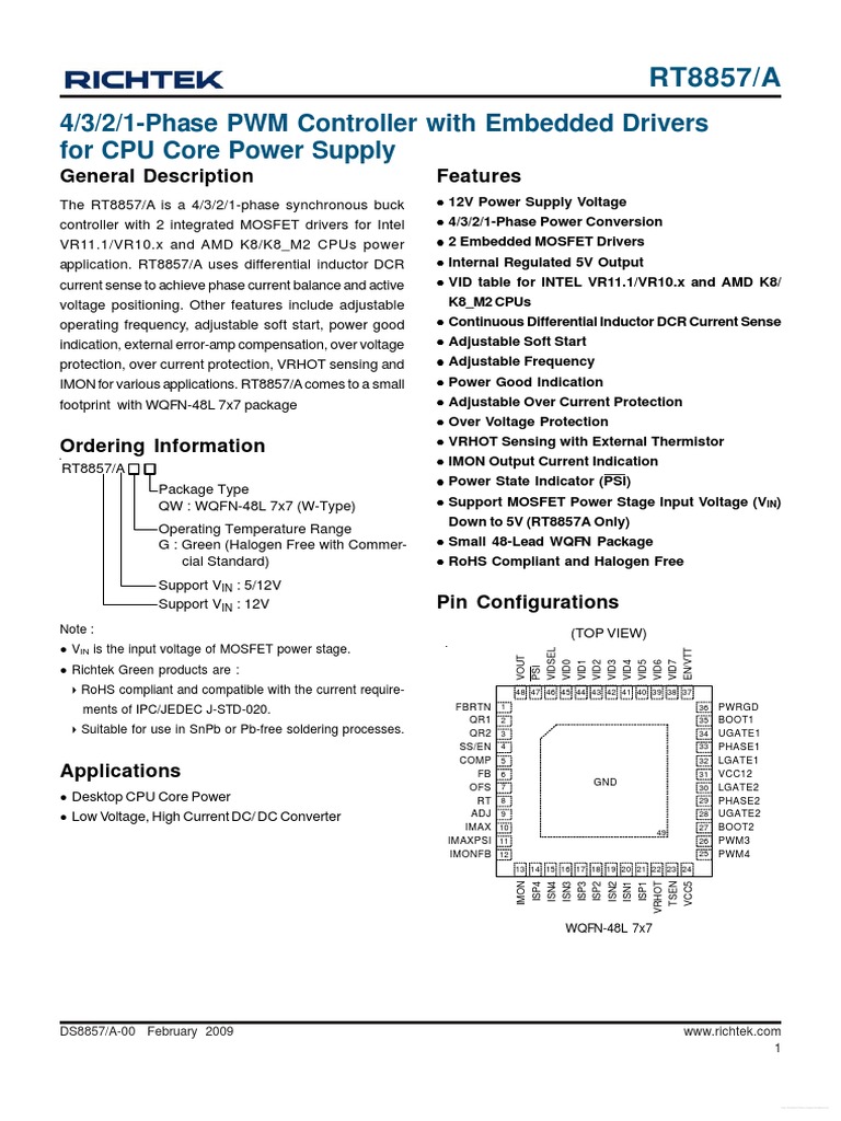 RT8857 - PWM Controller With Embedded Drivers For CPU Core Power Supply | PDF | Power Supply ...