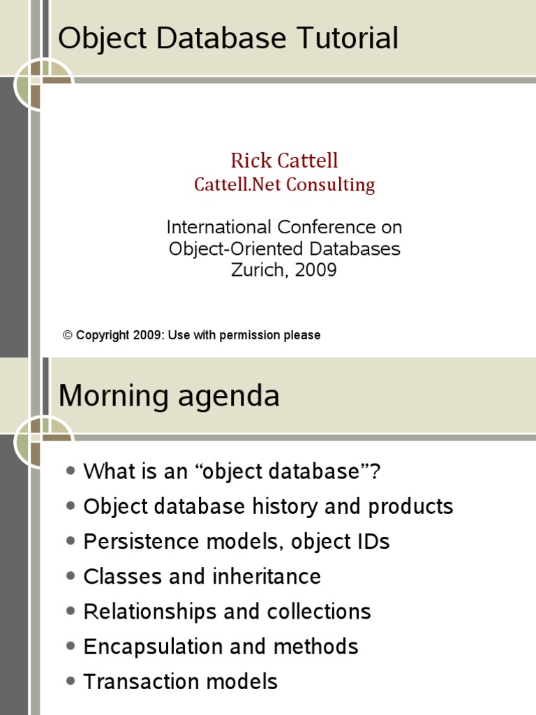 Object Database Tutorial: Rick Cattell | PDF | Relational Database | Object Relational Mapping