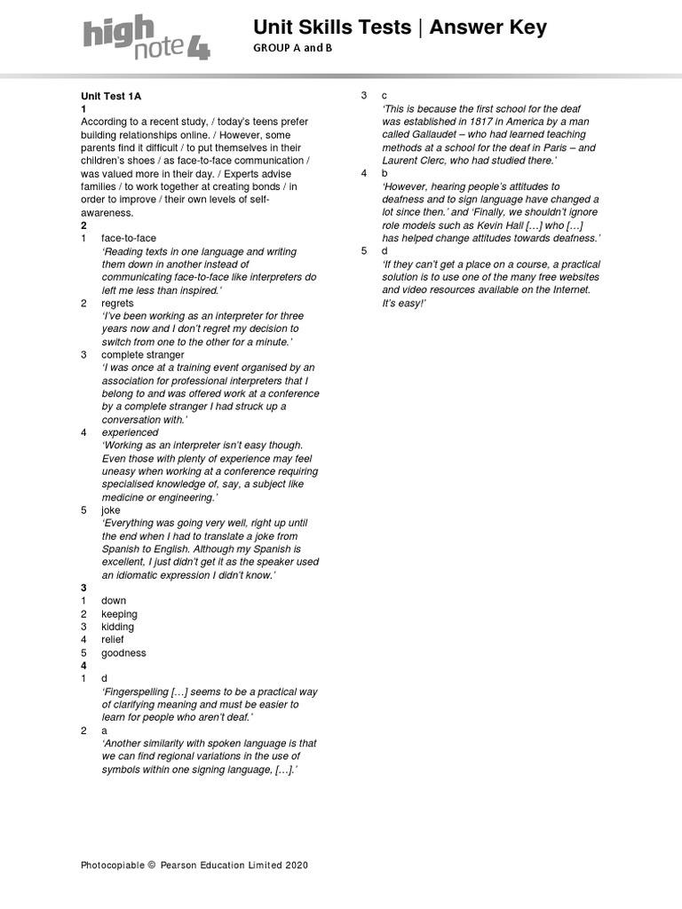 HighNote4 Unit Skills Test Unit01 GroupA B ANSWERS | PDF | Language ...