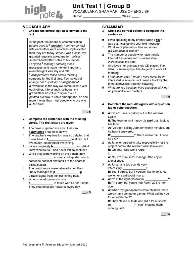 HighNote4 Unit Language Test Unit01 GroupB | PDF | English Language ...