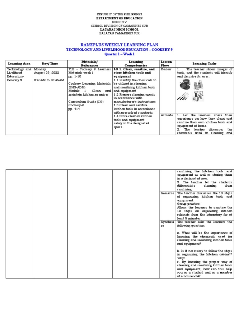 Raiseplus Weekly Learning Plan in Cookery 9 | PDF | Learning | Teachers