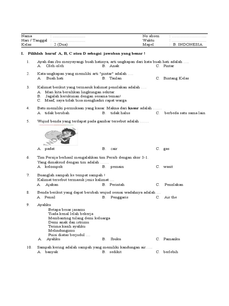 Soal KLS 2 SD Pas 1 Bin | PDF