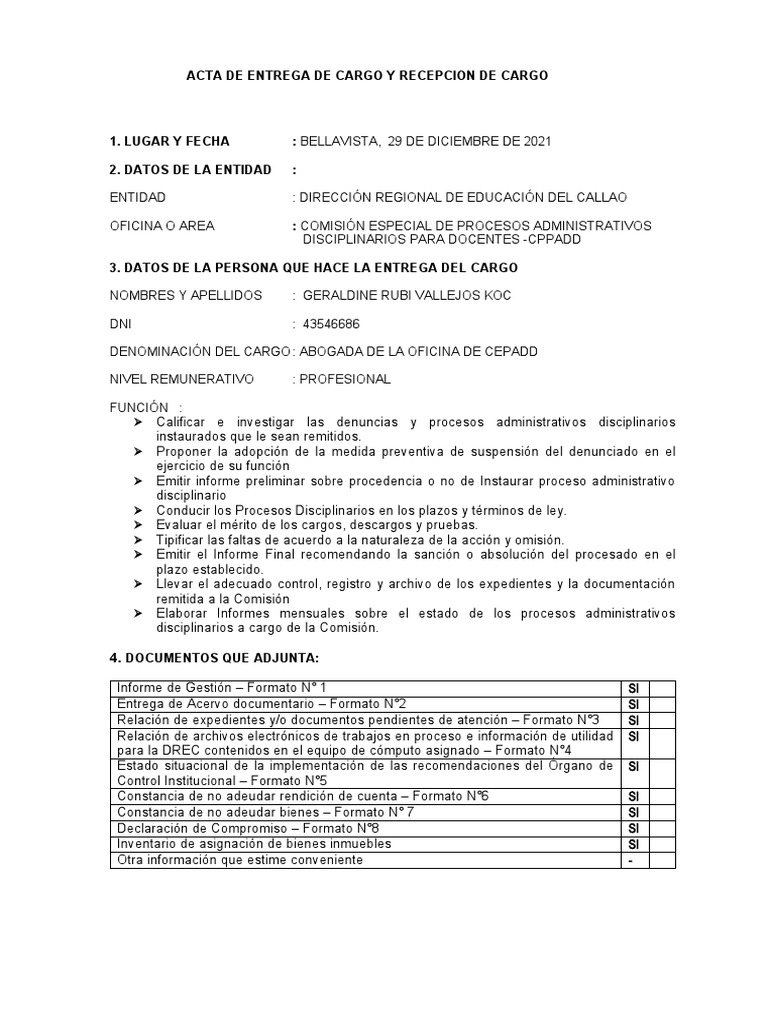 Acta de Entrega de Cargo y Recepcion de Cargo Cepadd | PDF | Gobierno ...