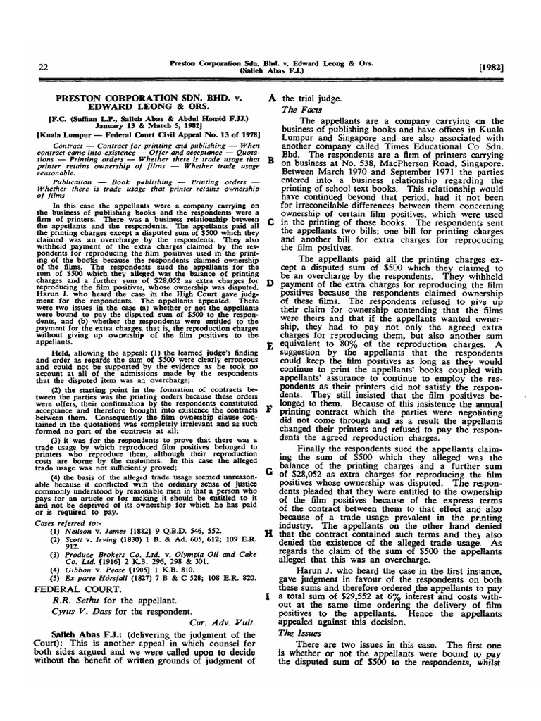 Case Preston Corpn. Sdn. Bhd. V Edward Leong (1982) 2 MLJ 22 | PDF
