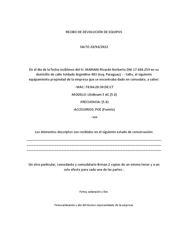 Recibo de Devolución de Equipos | PDF