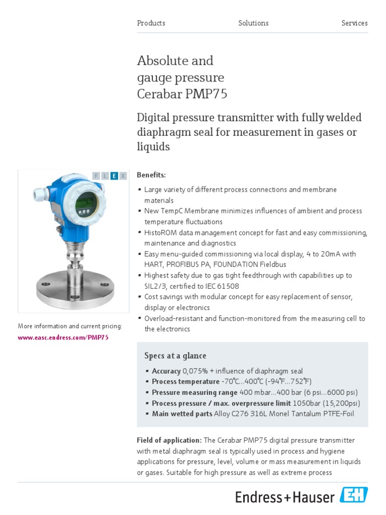 Endress-Hauser Cerabar S PMP75 EN | PDF | Pressure Measurement | Pressure