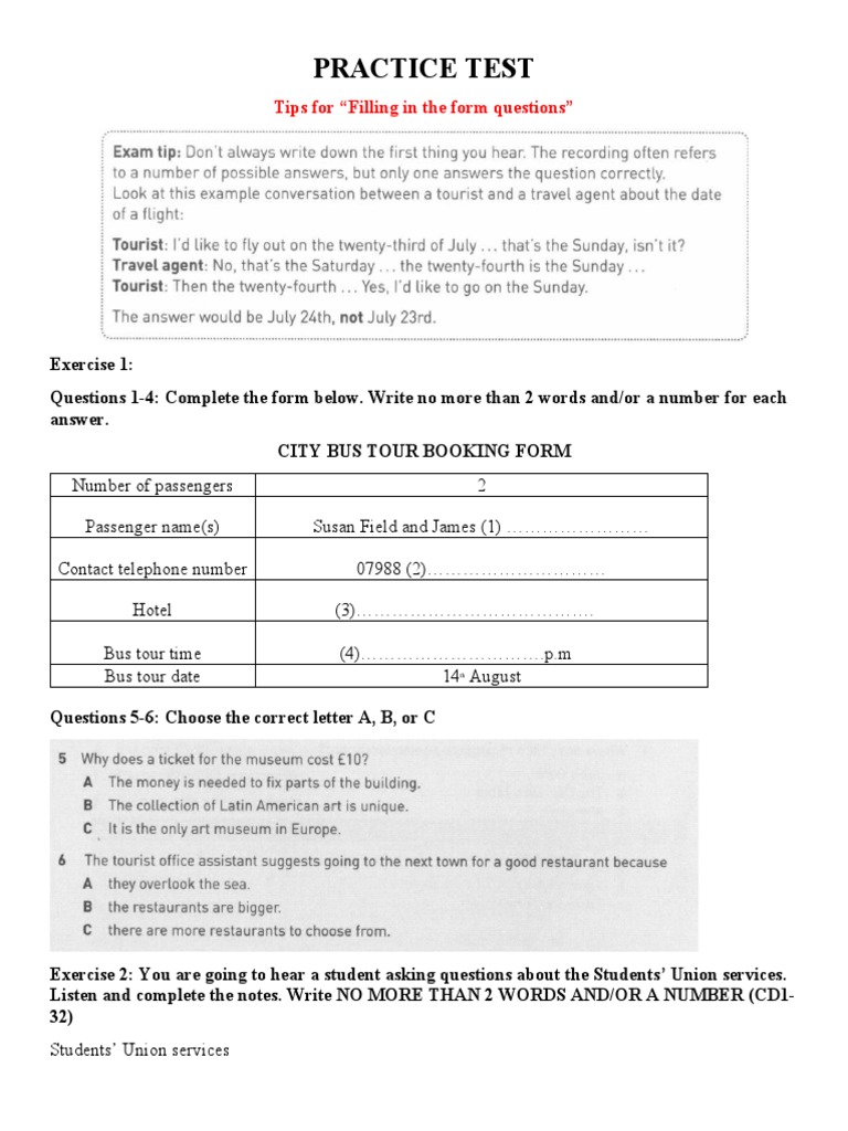 City Bus Tour Booking Practice Form | PDF