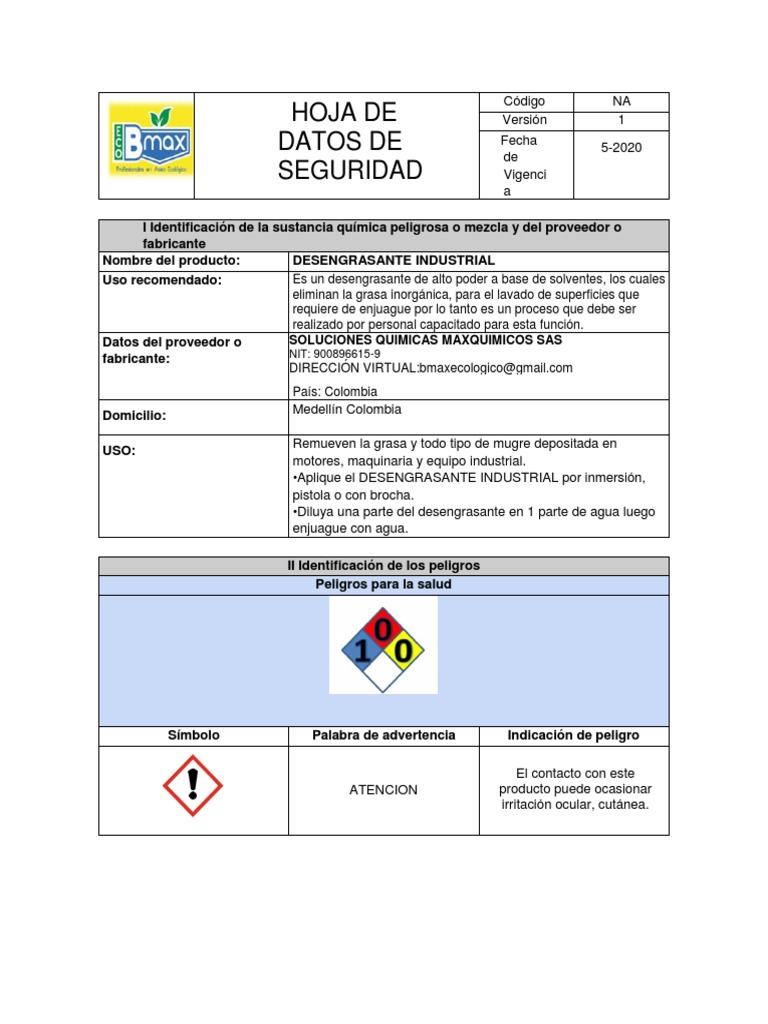 Hoja de Seguridad Desengrasante Industrial | PDF | Agua | Reanimación ...