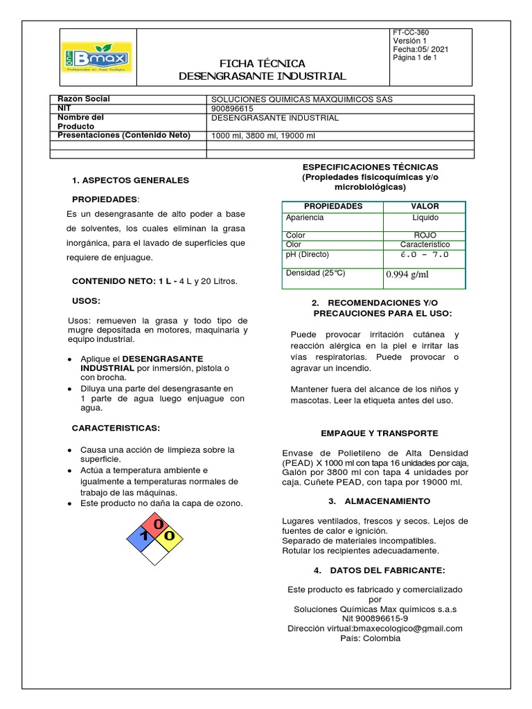 Ficha Tecnica Desengrasante Industrial | PDF