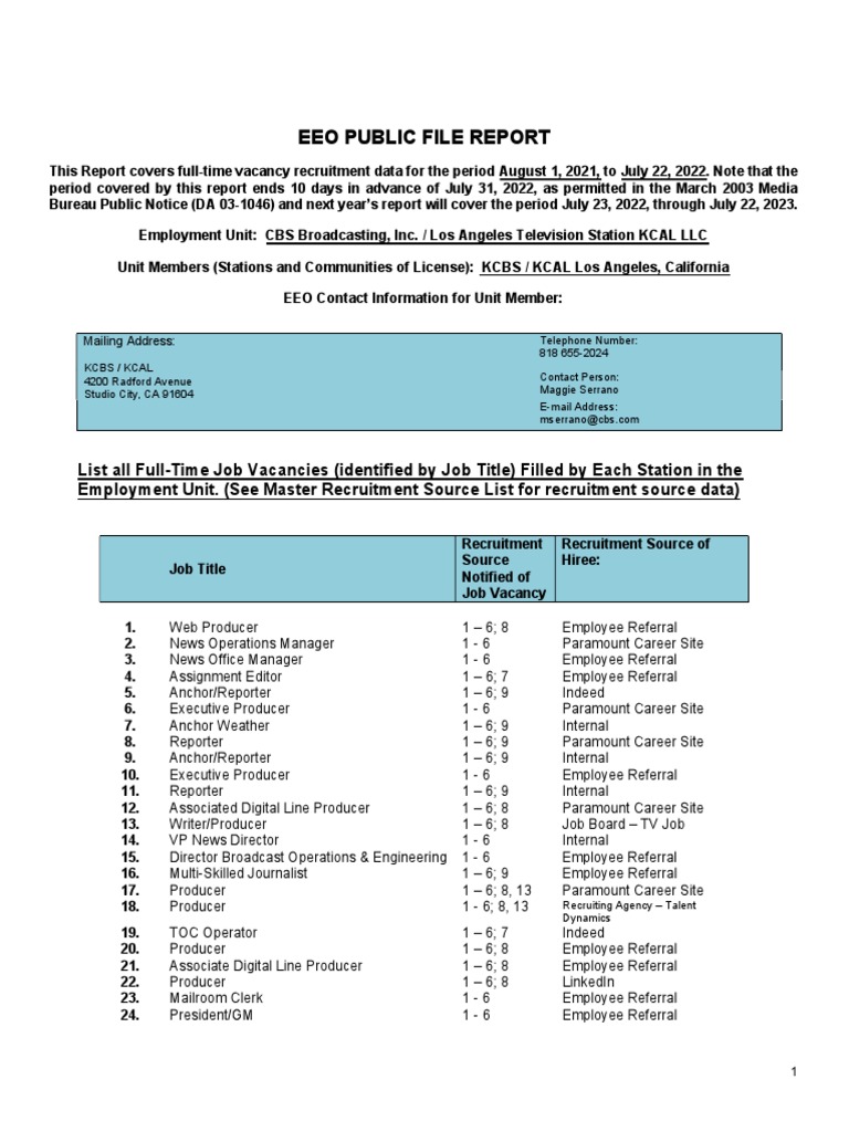 KCBS-KCAL EEO Public File Report 8-1-21 To 7-22!22!1 | PDF ...