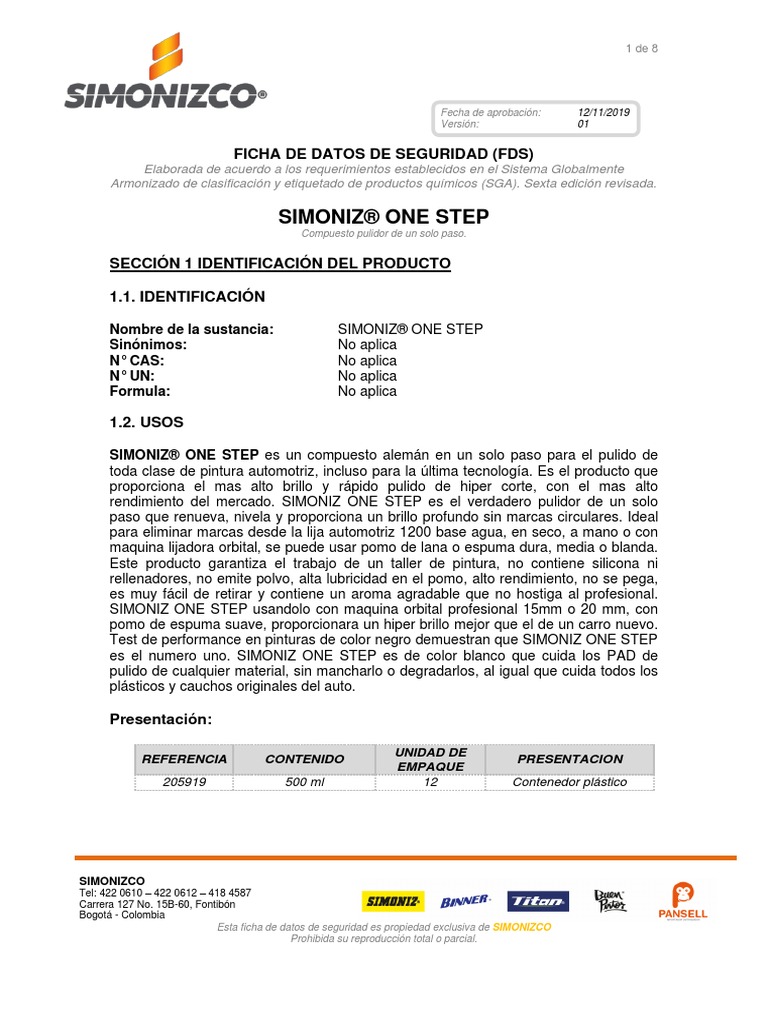 FDSV2 - Simoniz One Step | PDF | Agua | Química