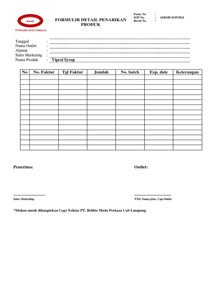 03 Form Penarikan Vipcol Syrup PT BMP | PDF