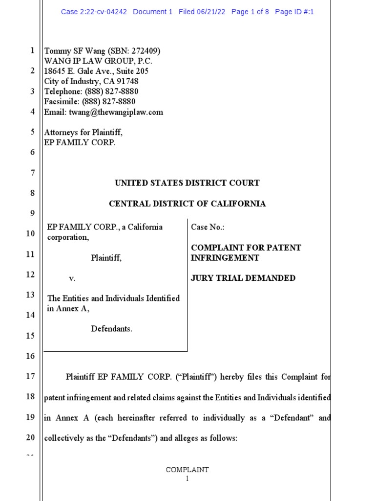 EP Family v. Annex A - Complaint | PDF | Complaint | Patent Infringement