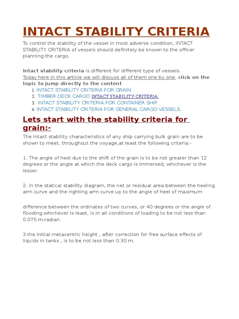 Intact Stability Criteria for Vessels | PDF | Water Transport | Watercraft