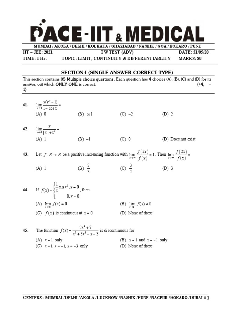 Limit, Continuity & Differentiability (Question Paper) | PDF | Function (Mathematics ...