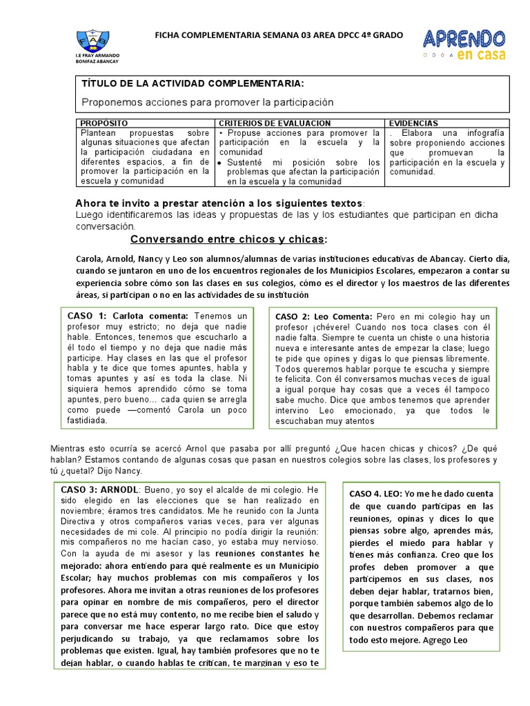 Ficha Complementaria Semana 03 Area DPCC 4º Grado | PDF | Ciencias sociales