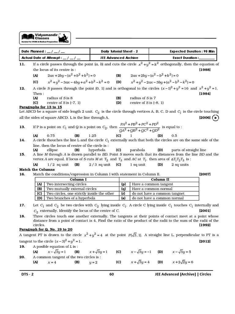JEE Advanced Circles Problems Archive | PDF | Tangent | Geometry