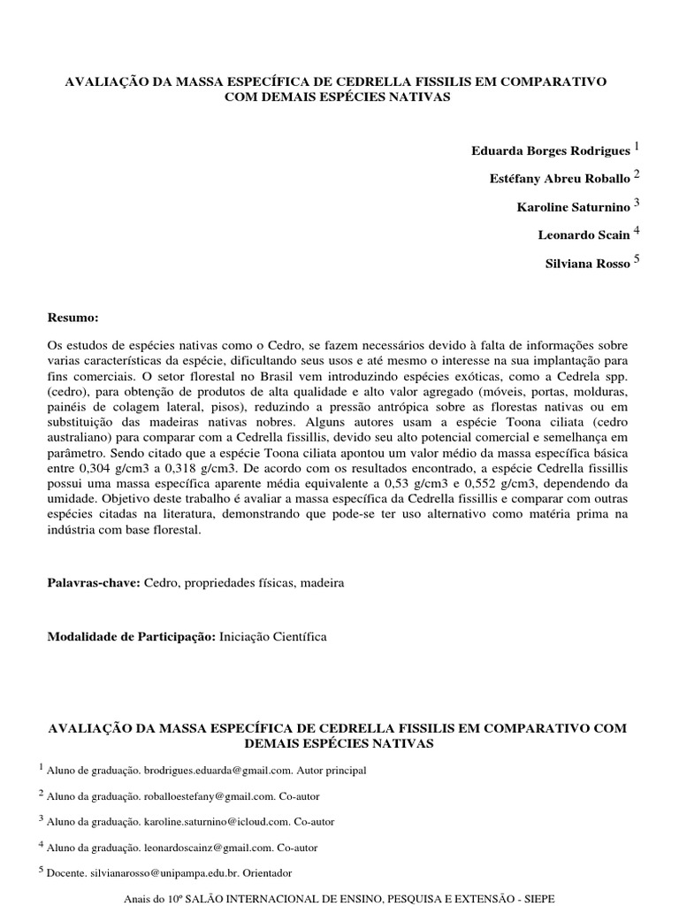 Avaliação Da Massa Específica de Cedrella Fissilis em Comparativo Com ...