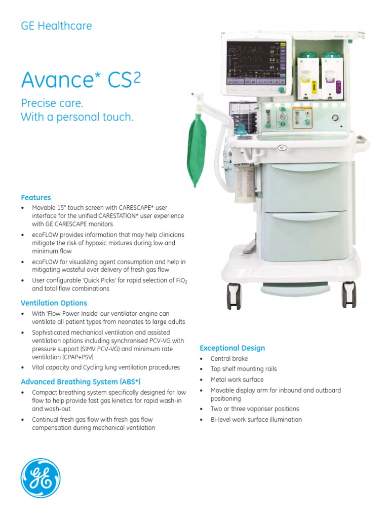 GE Healthcare Avance CS2 Precise Low-Flow Anesthesia Machine | PDF | Breathing | Respiration