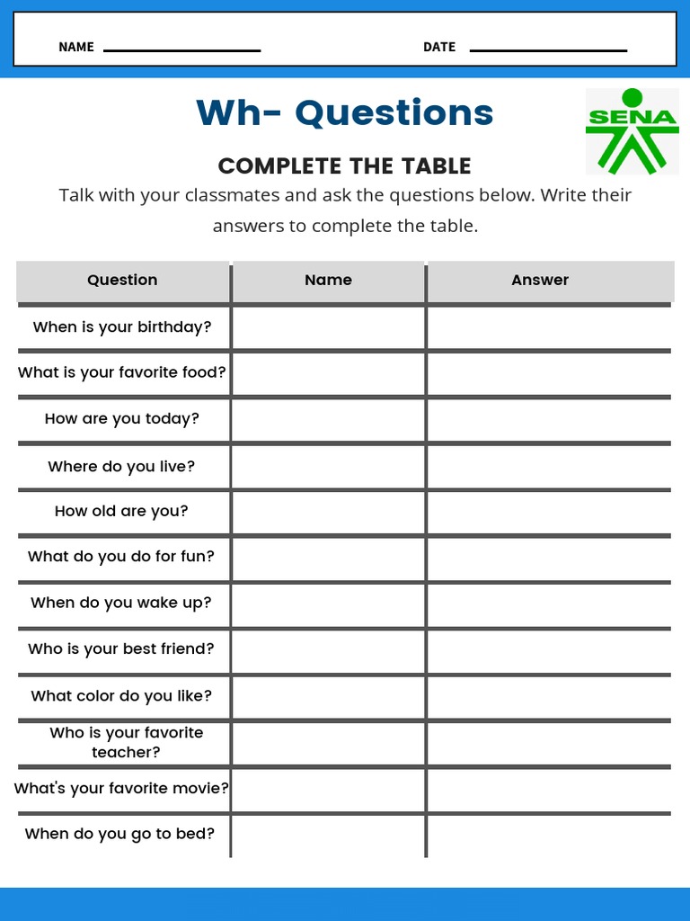 WH Questions Worksheet Ask Your Partner | PDF