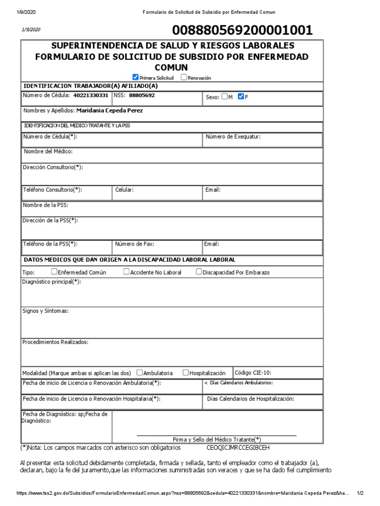 Formulario de Solicitud de Subsidio Por Enfermedad Comun Maridania Cepeda Perez | PDF