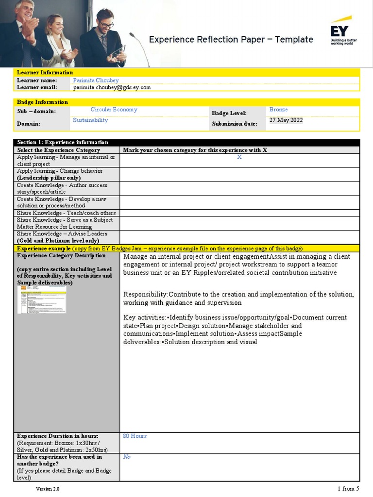 Experience Reflection Paper Template | PDF | Life Cycle Assessment ...