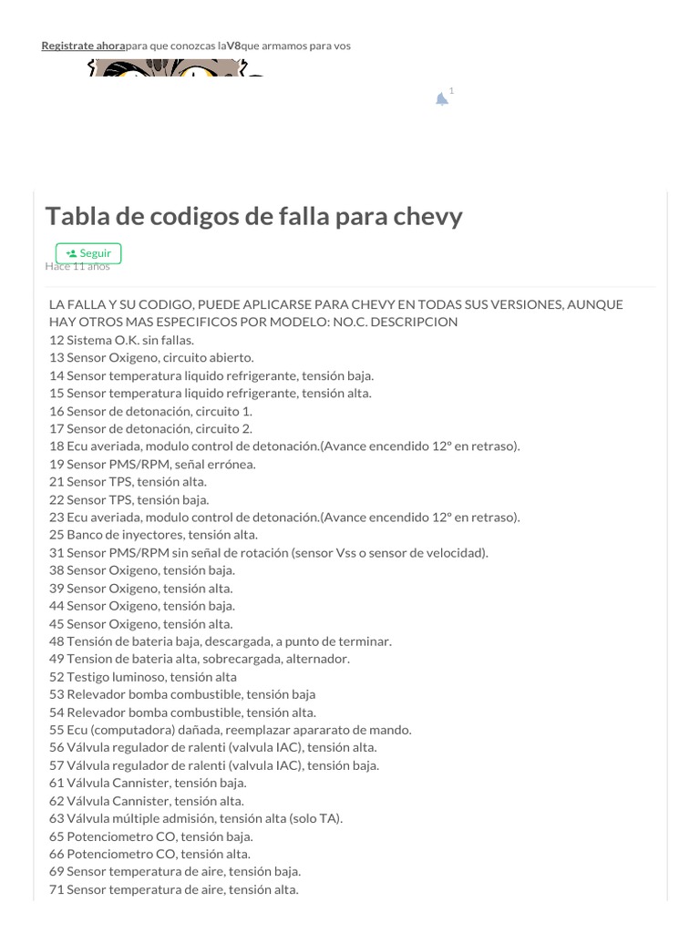 Tabla de Codigos de Falla para Chevy - Autos y Motos | PDF