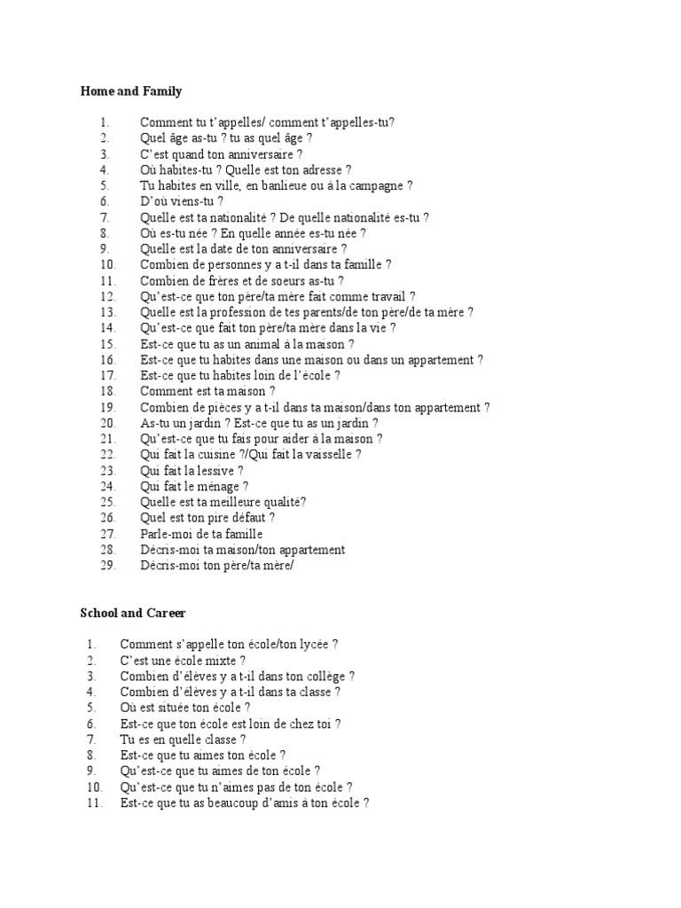 French Orals Questions | PDF | Mode de vie