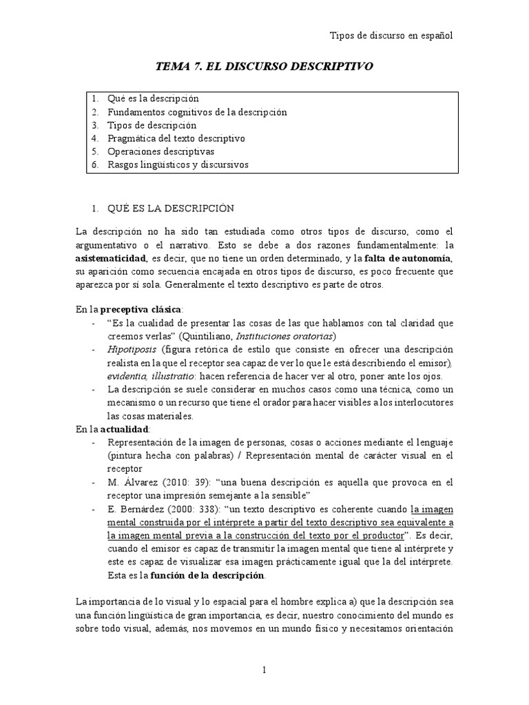 Tema 7. Discurso Descriptivo | PDF | Percepción | Lingüística