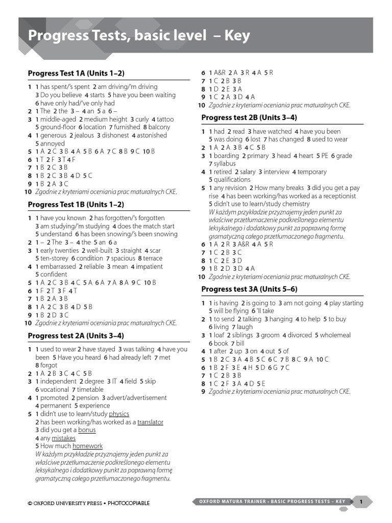 Omt Basic Progress Tests Key 1-7 | PDF