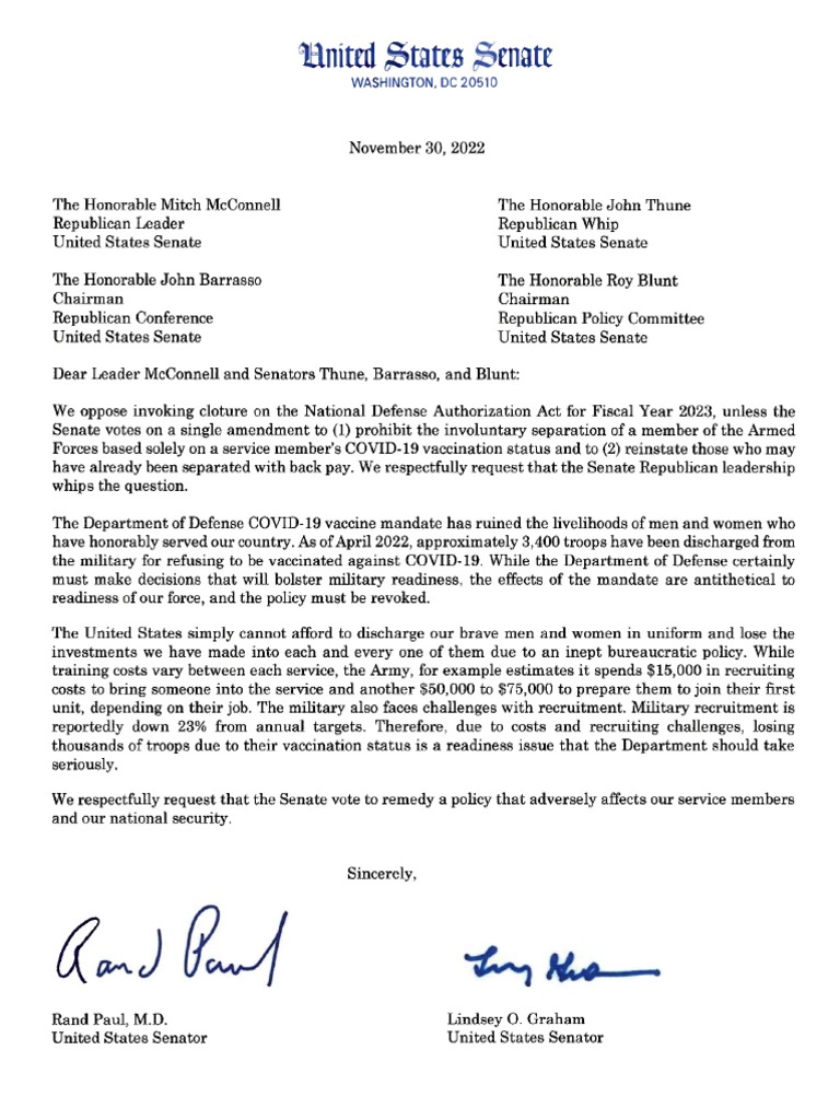 Signed Letter To GOP Leadership Re NDAA COVID Vaccine Mandate | PDF