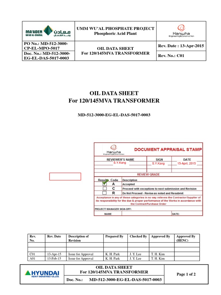 Transformer Oil Data Sheet 120/145MVA | PDF | Corrosion | Chemistry