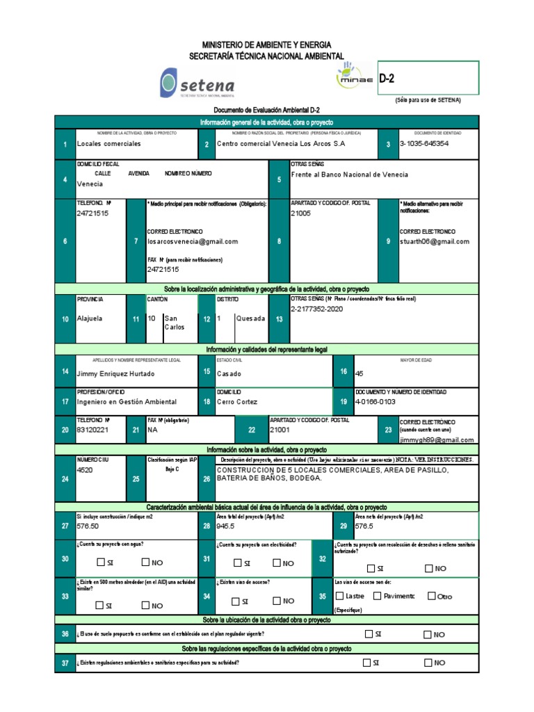 Formulario D2-SETENA | PDF | Aguas residuales | Residuos