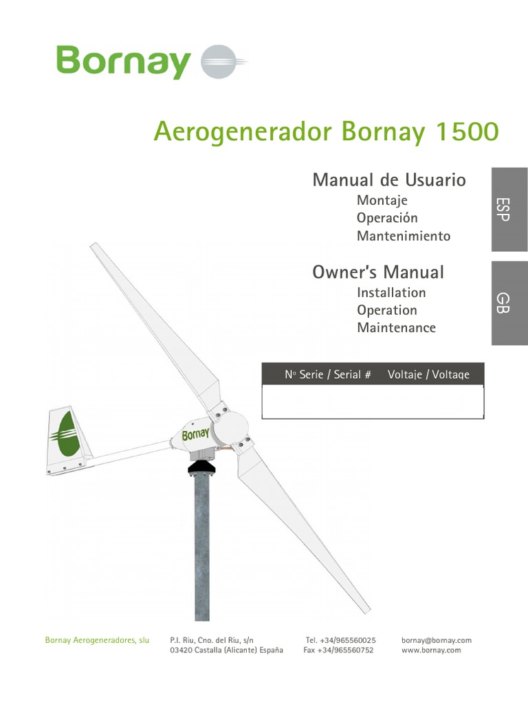 Manual de Usuario Aerogenerador Bornay 1500 | PDF | Tornillo | Pantalla ...
