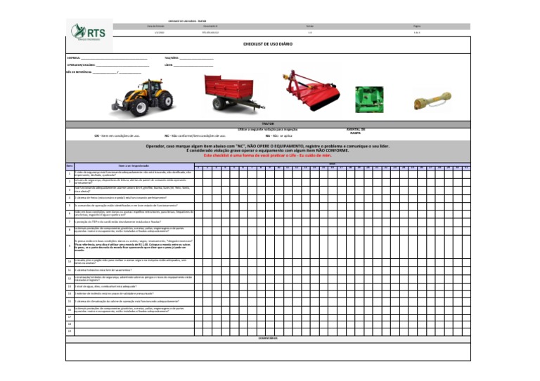 Checklist de Uso Diário - Trator | PDF | Pneu | Veículos