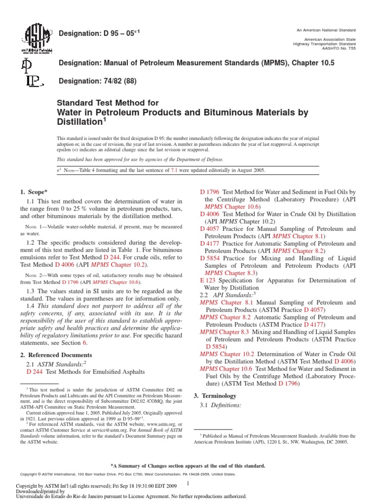 Astm D95-05 | PDF | Petroleum | Distillation