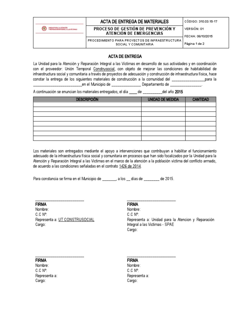 Acta de Entrega Materialas y o Mobiliario | PDF