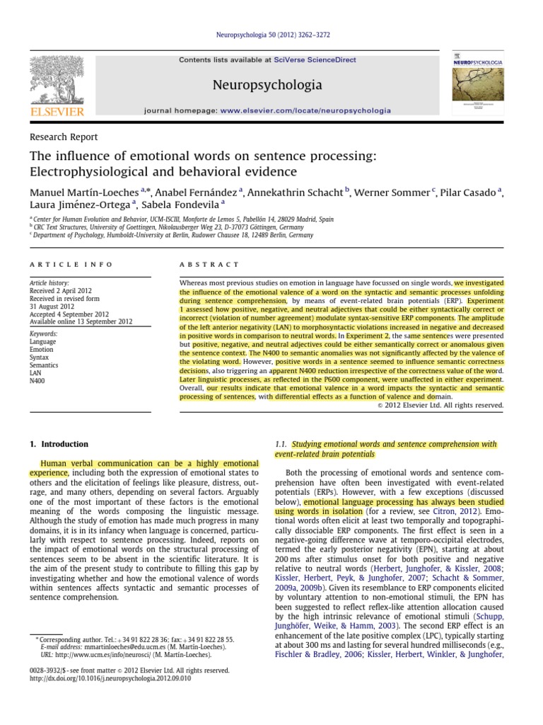 The Influence Of Emotional Words On Sentence Processing Pdf Cognition Linguistics