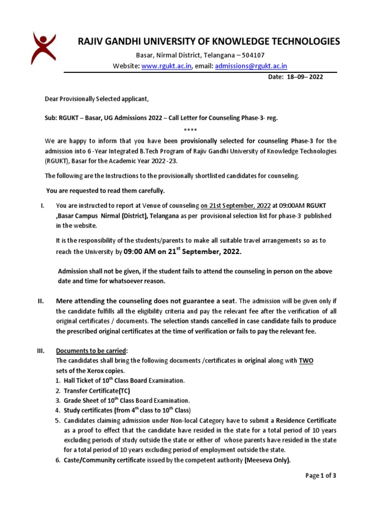 General Call Letter For Admissions Phase 3 | PDF | Identity Document | Fee