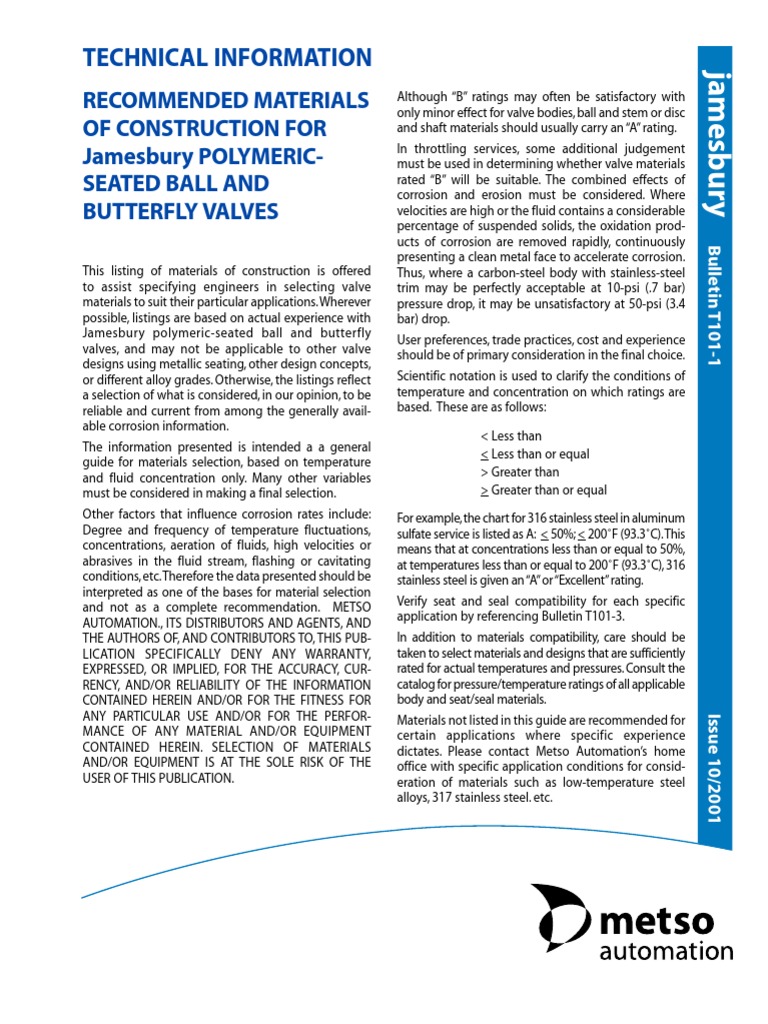 Jamesbury Metals Selection Guide | PDF | Valve | Steel